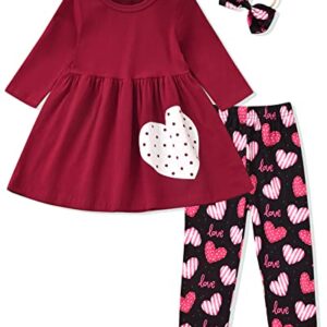 fioukiay Girls Valentine's Day Clothes Outfit Toddler Girl Ruffle Love Heart Top with Trim Legging Set (Wine Heart, 7-8 Years)