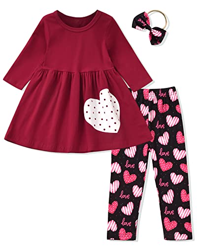 fioukiay Girls Valentine's Day Clothes Outfit Toddler Girl Ruffle Love Heart Top with Trim Legging Set (Wine Heart, 7-8 Years)