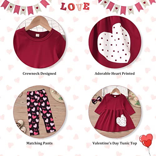 fioukiay Girls Valentine's Day Clothes Outfit Toddler Girl Ruffle Love Heart Top with Trim Legging Set (Wine Heart, 7-8 Years)