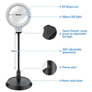 Delixike 5X Dimmable Magnifying Lamp,Large Hands Free Magnifying Glass with Light and Stand for Reading,Hobbies,Crafts,Workbench