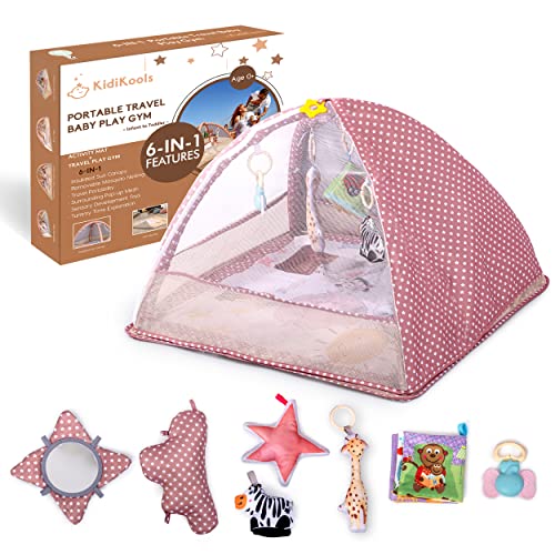 Kidikools Foldable Baby Play Mat, Baby Travel Essential, Portable Tummy Time Mat Baby Activity Center for 0-12 Months, Baby Play Gym, Outdoor Baby Mat for Floor with Sunproof Canopy Net 6-in-1