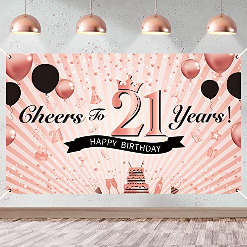 Luxiocio 21st Birthday Decorations for Women - Cheers to 21 Years Banner Backdrop - 21 Years Old Birthday Poster Background Party Supplies for Her(6 x 3.6ft, Rose Gold)