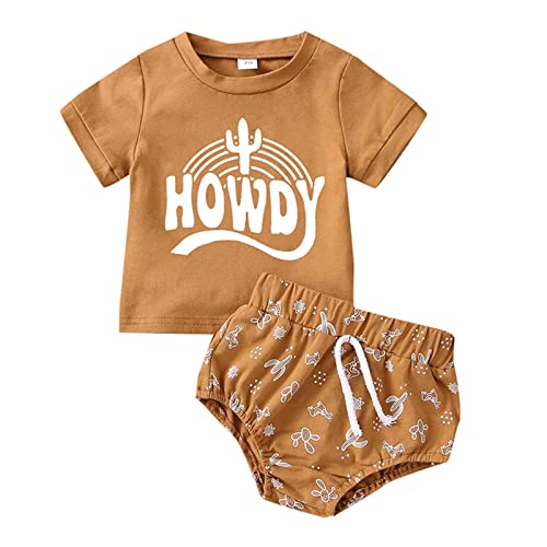 vchoohce Baby Boy Summer Clothes Short Sleeve Letter Print T-shirt Top Shorts Set 6 12 18 24 Months Infant Boy Outfit (Cactus Howdy-Brown,0-6 Months)