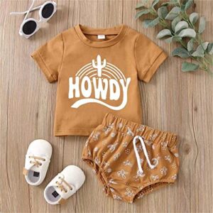 vchoohce Baby Boy Summer Clothes Short Sleeve Letter Print T-shirt Top Shorts Set 6 12 18 24 Months Infant Boy Outfit (Cactus Howdy-Brown,0-6 Months)