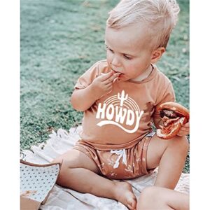 vchoohce Baby Boy Summer Clothes Short Sleeve Letter Print T-shirt Top Shorts Set 6 12 18 24 Months Infant Boy Outfit (Cactus Howdy-Brown,0-6 Months)