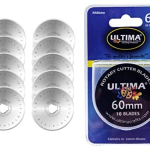 Ultima 60mm Rotary Cutter Blades – 10 Blades Per Pack – Fits Most Rotary Cutters Including Fiskars, Olfa, Martelli and TrueCut – Cuts Quilting Fabric, Leather, and More