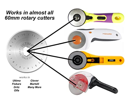 Ultima 60mm Rotary Cutter Blades – 10 Blades Per Pack – Fits Most Rotary Cutters Including Fiskars, Olfa, Martelli and TrueCut – Cuts Quilting Fabric, Leather, and More