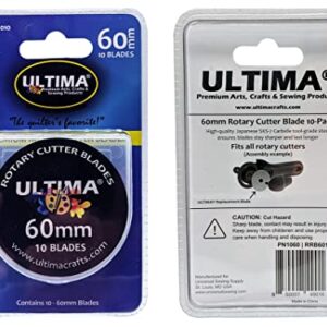 Ultima 60mm Rotary Cutter Blades – 10 Blades Per Pack – Fits Most Rotary Cutters Including Fiskars, Olfa, Martelli and TrueCut – Cuts Quilting Fabric, Leather, and More