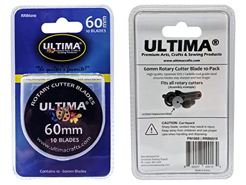 Ultima 60mm Rotary Cutter Blades – 10 Blades Per Pack – Fits Most Rotary Cutters Including Fiskars, Olfa, Martelli and TrueCut – Cuts Quilting Fabric, Leather, and More