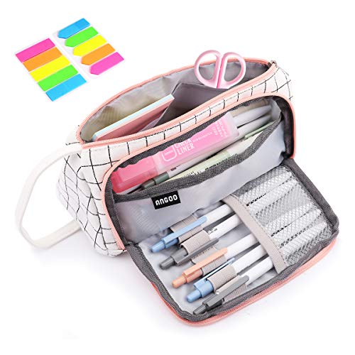 Pencil Case, Yloves Big Capacity Pen Pencil Bag Pouch Box Organizer Holder with 2 PCS Index Tabs for School Office (White Plaid)