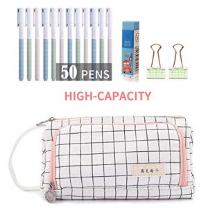 Pencil Case, Yloves Big Capacity Pen Pencil Bag Pouch Box Organizer Holder with 2 PCS Index Tabs for School Office (White Plaid)