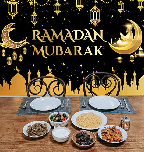 JKQ Ramadan Mubarak Backdrop Banner 71 x 43 Inch Muslim Ramadan Background Banner Lantern Moon Castle Islamic Eid Mubarak Festival Party Decorations Ramadan Kareem Indoor Outdoor Photo Booth Props