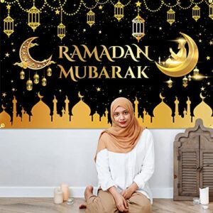 JKQ Ramadan Mubarak Backdrop Banner 71 x 43 Inch Muslim Ramadan Background Banner Lantern Moon Castle Islamic Eid Mubarak Festival Party Decorations Ramadan Kareem Indoor Outdoor Photo Booth Props