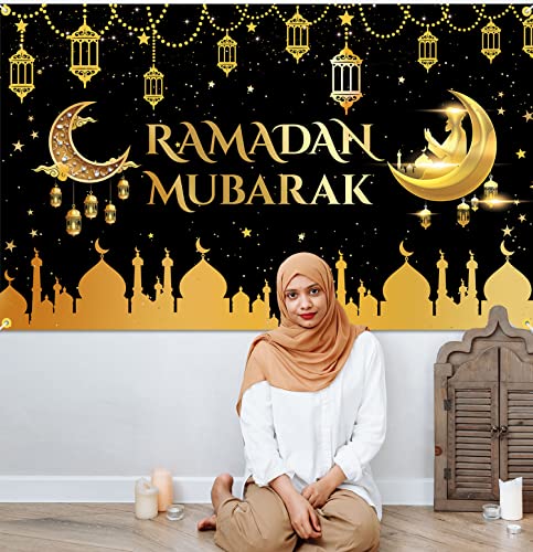 JKQ Ramadan Mubarak Backdrop Banner 71 x 43 Inch Muslim Ramadan Background Banner Lantern Moon Castle Islamic Eid Mubarak Festival Party Decorations Ramadan Kareem Indoor Outdoor Photo Booth Props