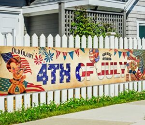 4th of july patriotic banner – vintage style independence day yard sign banner – fourth of july party supplies for indoor outdoor (118x24inch)