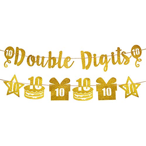 Excelloon Double Digits 10th Birthday Party Decorations - Double Digits Banner with Cake Gift Star Decorations - Gold Glitter Happy 10 Year Old Birthday Banner Decorations Supplies for Boys & Girls