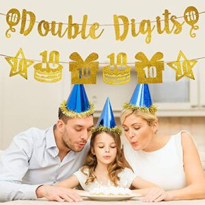 Excelloon Double Digits 10th Birthday Party Decorations - Double Digits Banner with Cake Gift Star Decorations - Gold Glitter Happy 10 Year Old Birthday Banner Decorations Supplies for Boys & Girls