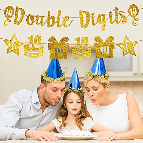 Excelloon Double Digits 10th Birthday Party Decorations - Double Digits Banner with Cake Gift Star Decorations - Gold Glitter Happy 10 Year Old Birthday Banner Decorations Supplies for Boys & Girls