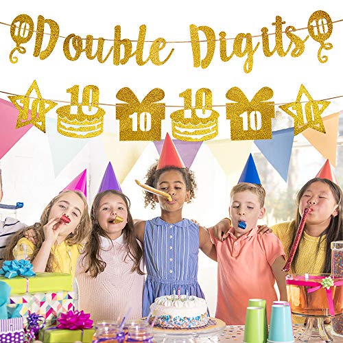 Excelloon Double Digits 10th Birthday Party Decorations - Double Digits Banner with Cake Gift Star Decorations - Gold Glitter Happy 10 Year Old Birthday Banner Decorations Supplies for Boys & Girls