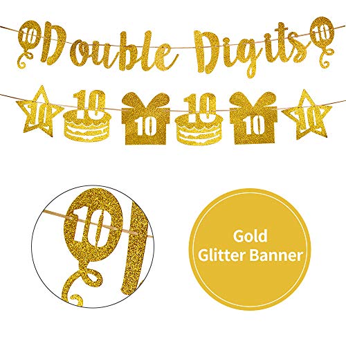 Excelloon Double Digits 10th Birthday Party Decorations - Double Digits Banner with Cake Gift Star Decorations - Gold Glitter Happy 10 Year Old Birthday Banner Decorations Supplies for Boys & Girls