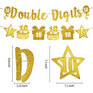 Excelloon Double Digits 10th Birthday Party Decorations - Double Digits Banner with Cake Gift Star Decorations - Gold Glitter Happy 10 Year Old Birthday Banner Decorations Supplies for Boys & Girls