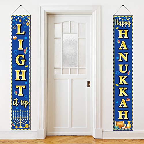 Happy Hanukkah Banner Hanukkah & Chanukah Decorations Porch Hanging Blue Welcome Sign for Home Holiday Party Outdoor Decor