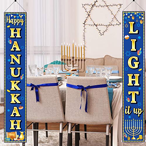 Happy Hanukkah Banner Hanukkah & Chanukah Decorations Porch Hanging Blue Welcome Sign for Home Holiday Party Outdoor Decor