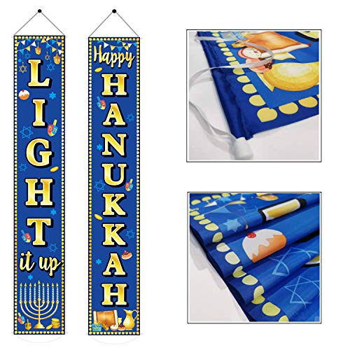 Happy Hanukkah Banner Hanukkah & Chanukah Decorations Porch Hanging Blue Welcome Sign for Home Holiday Party Outdoor Decor