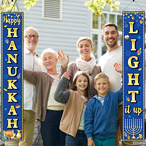 Happy Hanukkah Banner Hanukkah & Chanukah Decorations Porch Hanging Blue Welcome Sign for Home Holiday Party Outdoor Decor