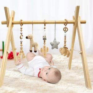 wooden baby play gym activity center natural color handmade infant gym with crochet toys foldable infant play gym wild west theme newborn teething toys toddler activity center