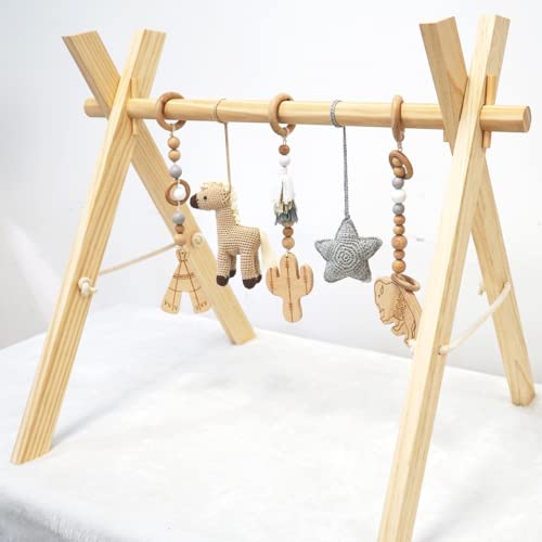 Wooden Baby Play Gym Activity Center Natural Color Handmade Infant Gym with Crochet Toys Foldable Infant Play Gym Wild West Theme Newborn Teething Toys Toddler Activity Center