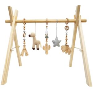 Wooden Baby Play Gym Activity Center Natural Color Handmade Infant Gym with Crochet Toys Foldable Infant Play Gym Wild West Theme Newborn Teething Toys Toddler Activity Center