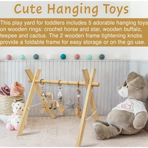 Wooden Baby Play Gym Activity Center Natural Color Handmade Infant Gym with Crochet Toys Foldable Infant Play Gym Wild West Theme Newborn Teething Toys Toddler Activity Center