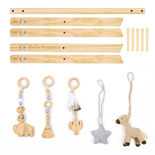 Wooden Baby Play Gym Activity Center Natural Color Handmade Infant Gym with Crochet Toys Foldable Infant Play Gym Wild West Theme Newborn Teething Toys Toddler Activity Center