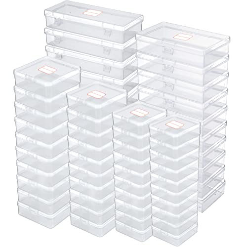 60 Pcs Mixed Sizes Small Plastic Clear Rectangular Box Mini Bead Storage Containers for Beads Empty Small Containers with Hinged Lids with 5 Sheets Label Stickers for Beads Crafts Small Items Jewelry