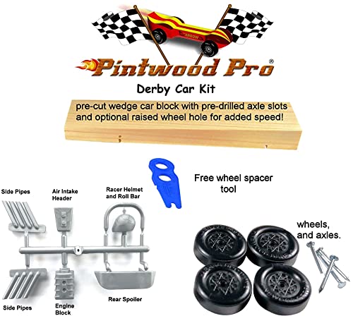 Pintwood Pro Basic Derby Car Kit with Official Wheels, Official axles and pre-Cut pre-drilled Wedge Block