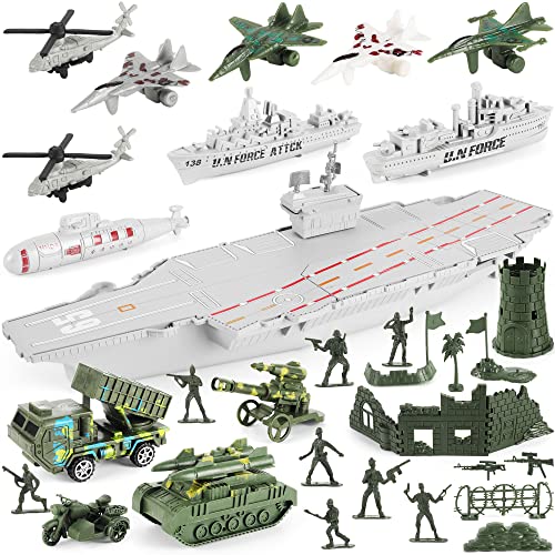 123PCS Aircraft Carrier Toy Set with Toy Soldiers, Jets, Submarine, Frigate, Helicopters, Military Vehicles Battleship Planes Trucks Tank Army Men Toys for Kids Boys Girls and Accessories 18 Inches