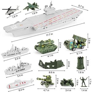 123PCS Aircraft Carrier Toy Set with Toy Soldiers, Jets, Submarine, Frigate, Helicopters, Military Vehicles Battleship Planes Trucks Tank Army Men Toys for Kids Boys Girls and Accessories 18 Inches