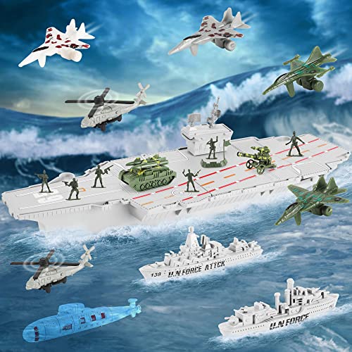 123PCS Aircraft Carrier Toy Set with Toy Soldiers, Jets, Submarine, Frigate, Helicopters, Military Vehicles Battleship Planes Trucks Tank Army Men Toys for Kids Boys Girls and Accessories 18 Inches