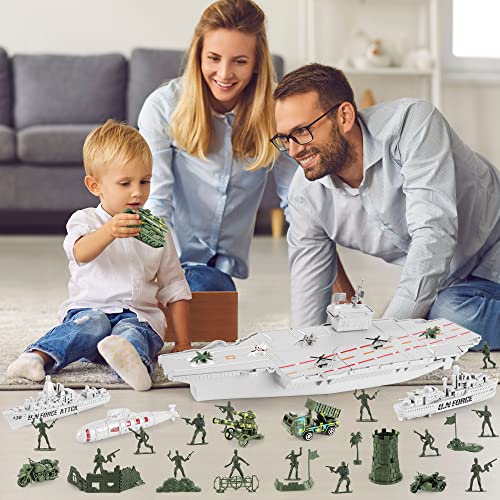 123PCS Aircraft Carrier Toy Set with Toy Soldiers, Jets, Submarine, Frigate, Helicopters, Military Vehicles Battleship Planes Trucks Tank Army Men Toys for Kids Boys Girls and Accessories 18 Inches