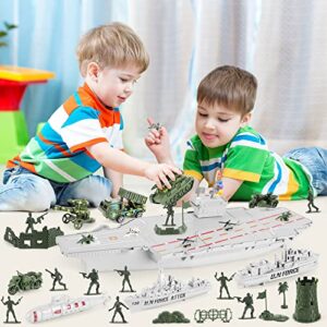 123PCS Aircraft Carrier Toy Set with Toy Soldiers, Jets, Submarine, Frigate, Helicopters, Military Vehicles Battleship Planes Trucks Tank Army Men Toys for Kids Boys Girls and Accessories 18 Inches