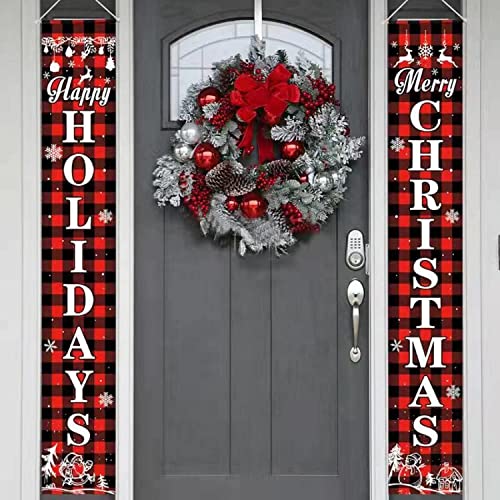 ZiegLad Merry Christmas Banner Front Porch Sign, Buffalo Plaid Christmas Door Banner, Christmas Hanging Banner for Yard Home Fireplace Front Door, Indoor Outdoor Xmas Party Holiday Burlap Flag Banner