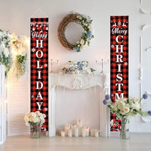 ZiegLad Merry Christmas Banner Front Porch Sign, Buffalo Plaid Christmas Door Banner, Christmas Hanging Banner for Yard Home Fireplace Front Door, Indoor Outdoor Xmas Party Holiday Burlap Flag Banner