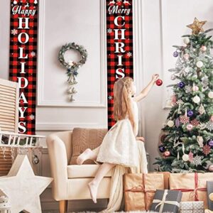 ZiegLad Merry Christmas Banner Front Porch Sign, Buffalo Plaid Christmas Door Banner, Christmas Hanging Banner for Yard Home Fireplace Front Door, Indoor Outdoor Xmas Party Holiday Burlap Flag Banner