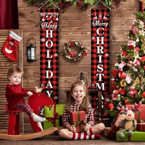 ZiegLad Merry Christmas Banner Front Porch Sign, Buffalo Plaid Christmas Door Banner, Christmas Hanging Banner for Yard Home Fireplace Front Door, Indoor Outdoor Xmas Party Holiday Burlap Flag Banner