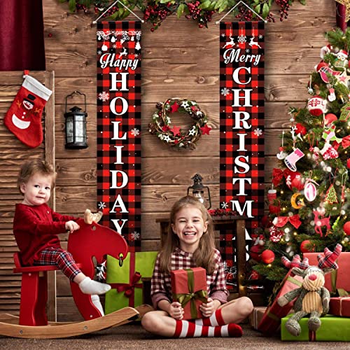 ZiegLad Merry Christmas Banner Front Porch Sign, Buffalo Plaid Christmas Door Banner, Christmas Hanging Banner for Yard Home Fireplace Front Door, Indoor Outdoor Xmas Party Holiday Burlap Flag Banner