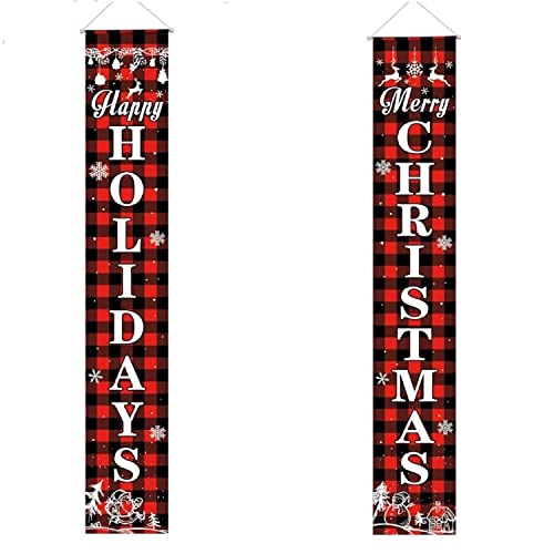 ZiegLad Merry Christmas Banner Front Porch Sign, Buffalo Plaid Christmas Door Banner, Christmas Hanging Banner for Yard Home Fireplace Front Door, Indoor Outdoor Xmas Party Holiday Burlap Flag Banner