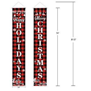 ZiegLad Merry Christmas Banner Front Porch Sign, Buffalo Plaid Christmas Door Banner, Christmas Hanging Banner for Yard Home Fireplace Front Door, Indoor Outdoor Xmas Party Holiday Burlap Flag Banner