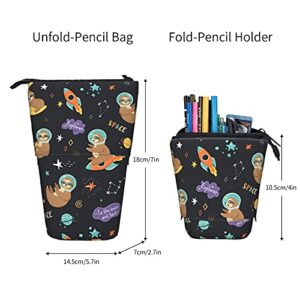 Gocerktr Cartoon Astronaut Sloth Pencil Telescopic Holder Storage, Office Standing Stationery Bag with Zipper, Organizer Pouch for Women Man