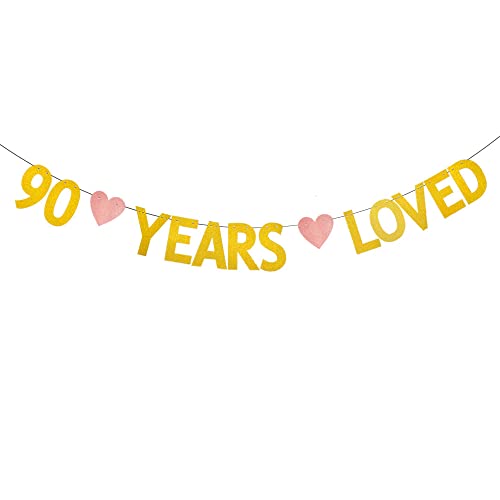 XIAOLUOLY Gold 90 YEARS LOVED Glitter Banner,Pre-Strung,90th Birthday / Wedding Anniversary Party Decorations Bunting Sign Backdrops,90 YEARS LOVED